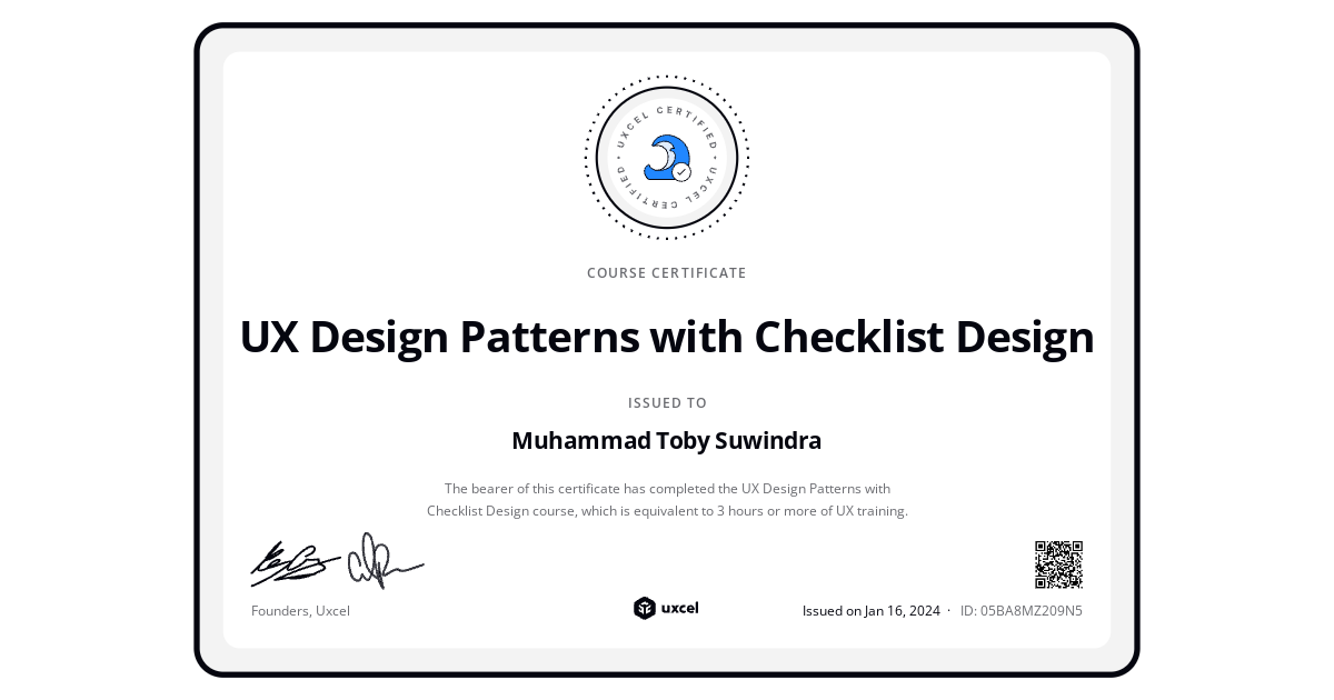 Certificate of completion for UX Design Patterns with Checklist Design | Uxcel